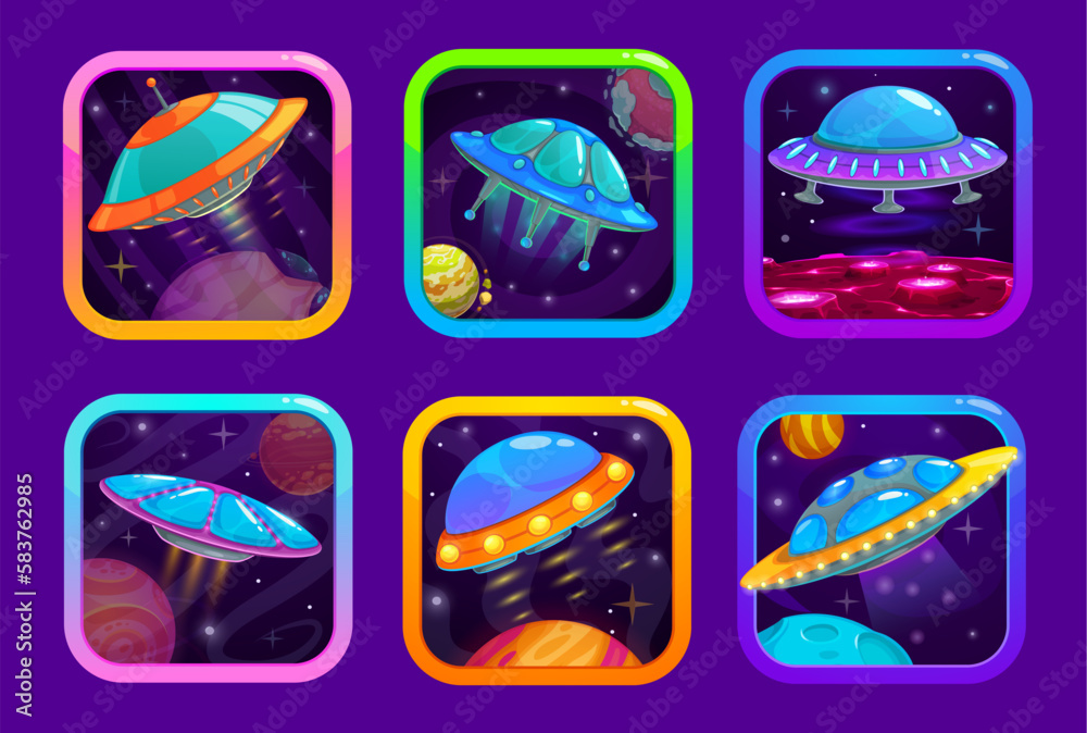 Cartoon space game app icons with UFO spaceships, mobile application ...