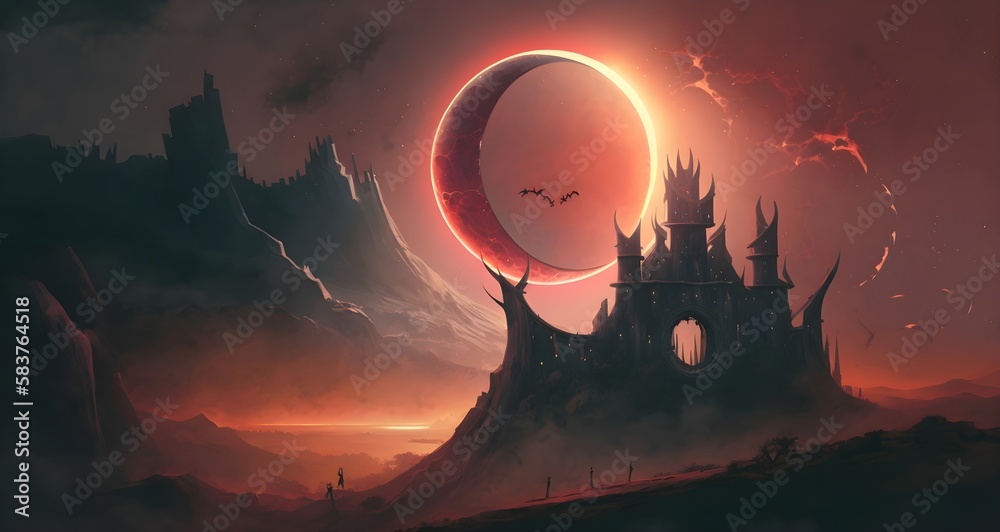 scenery of castle of thorn with solar eclipse in dark red sky, digital ...