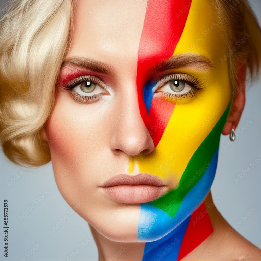 Gay Pride Face Paint on a young blonde woman Generative Ai. V4 Stock ...
