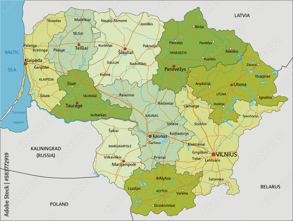 Highly detailed editable political map with separated layers. Lithuania ...