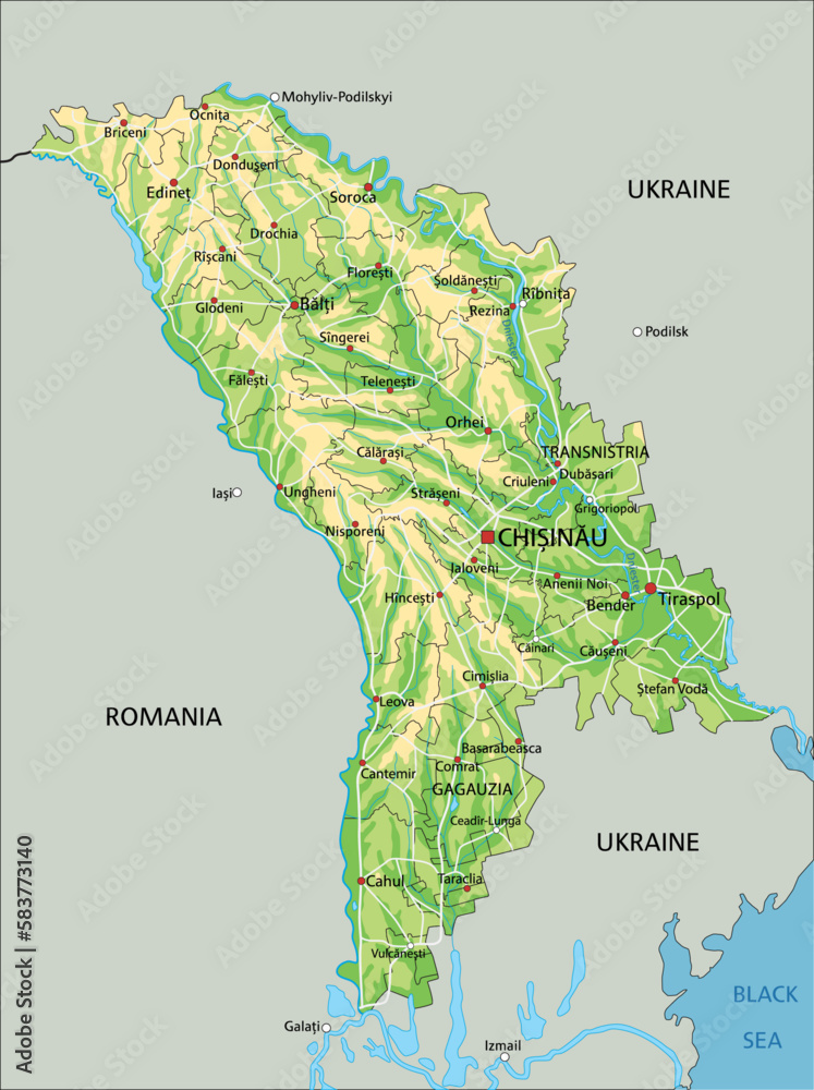 Highly detailed Moldova physical map with labeling. Stock Vector ...