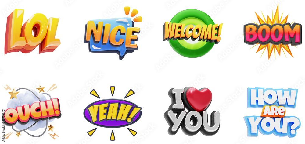 3D Stickers Set LOL Ouch I Love You Welcome Boom Yeah Nice How Are You ...
