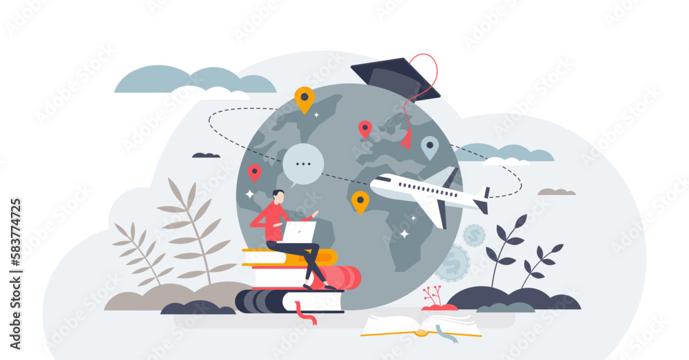 Study abroad programs for global education learning tiny person concept ...