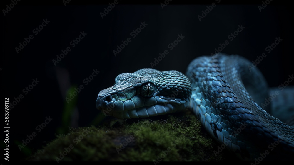 Close up of the exotic blue insularis snake on a branch and dark ...