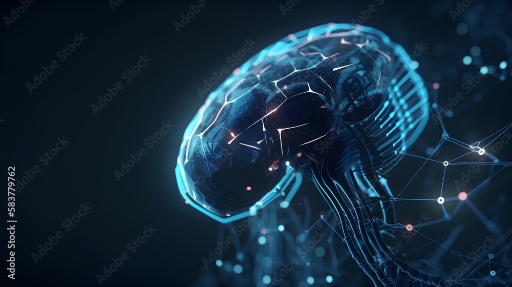 Power of AI in health care. Blue human brain anatomy on a dark ...