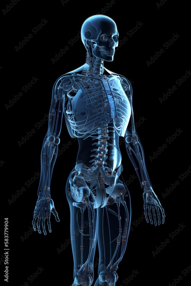 Power of AI in health care. A blue human anatomy on a dark background ...
