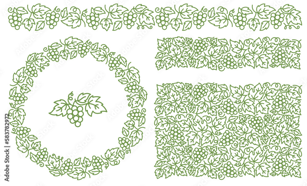 Grapevine ornament kit. Thick line pattern. Grape branches and leaves ...