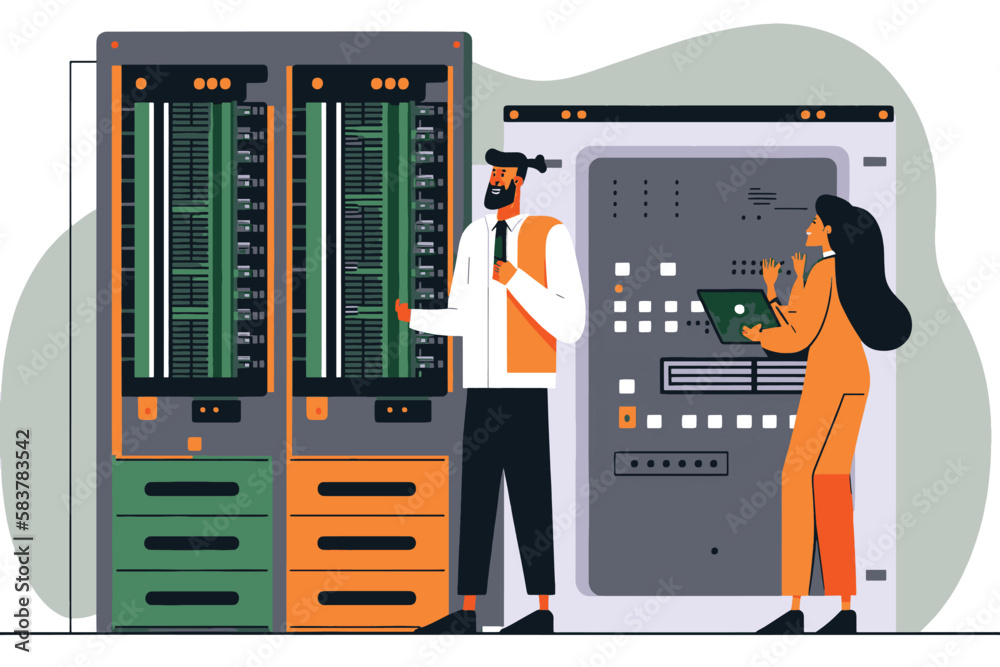 2d flat illustration, Male IT Specialist holds laptop and talks with ...