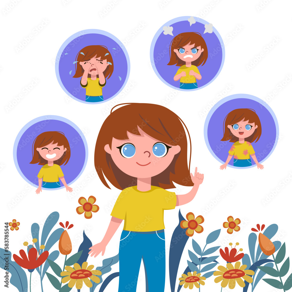 Vecteur Stock Happy girl controlling emotions vector illustration ...