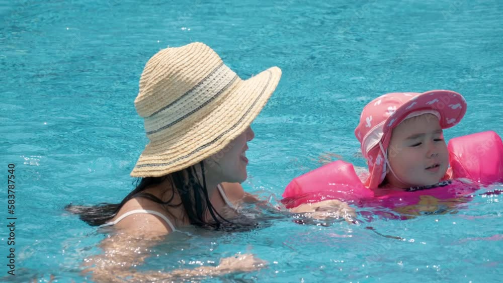 Korean Mother With Mixed Ethnicity Little Daughter Enjoy Swimming In ...