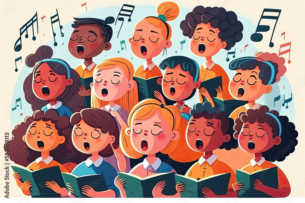 illustration of children singing song together . girls and boys group ...