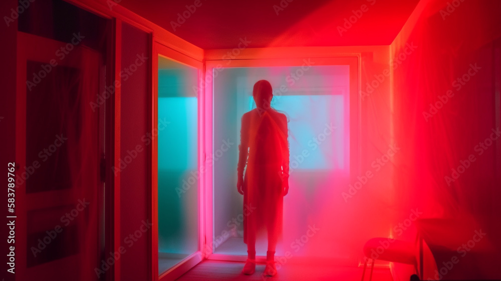 Creepy silhouette horror person standing on red light room, horror ...