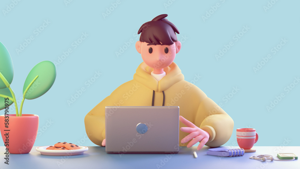 Portrait of cute kawaii funny successful asian programmer guy in yellow ...