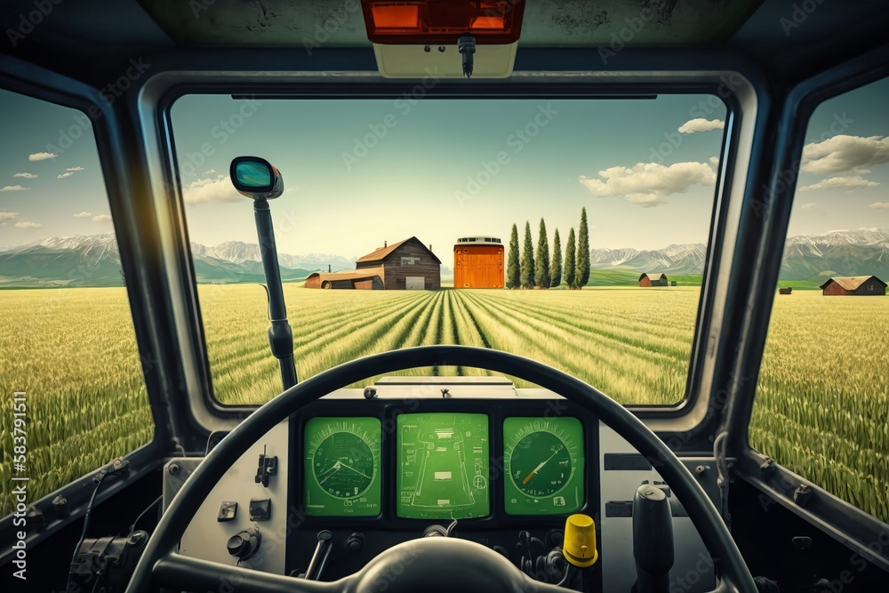 Illustrazione Stock View from tractor cab on field. Harvester machine ...