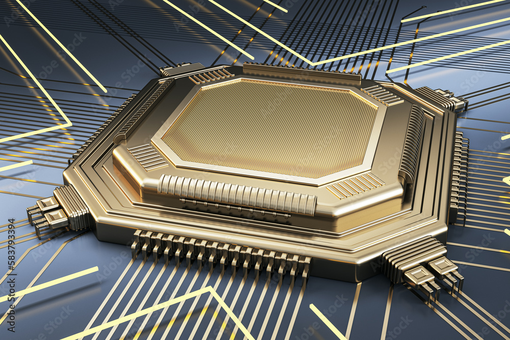 Creative empty golden chip on metal background with lines. Mock up ...