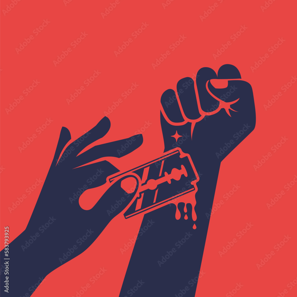 Suicide concept black silhouette. Man cuts the veins on arm. Suicide ...