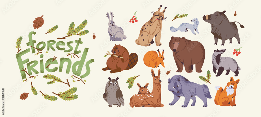 Cute forest animals set. Wild funny beast characters from woodland ...