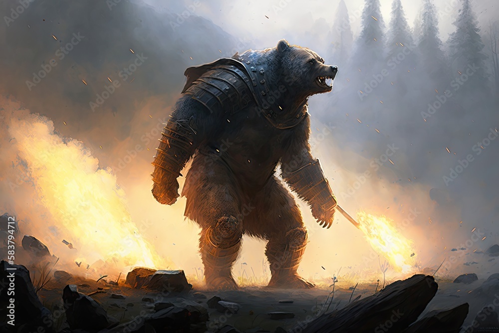 bear defending its territory against invading force, with fire and ...