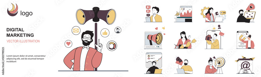 Digital marketing concept with character situations collection. Bundle ...