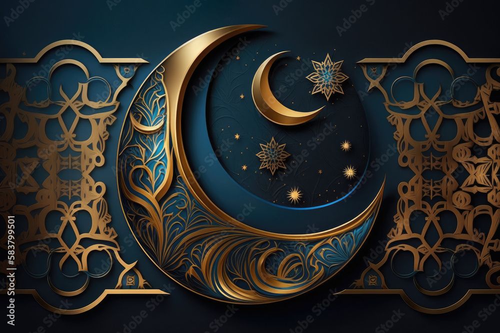 Blue and gold moon crescent background banner for Ramadan Kareem ...
