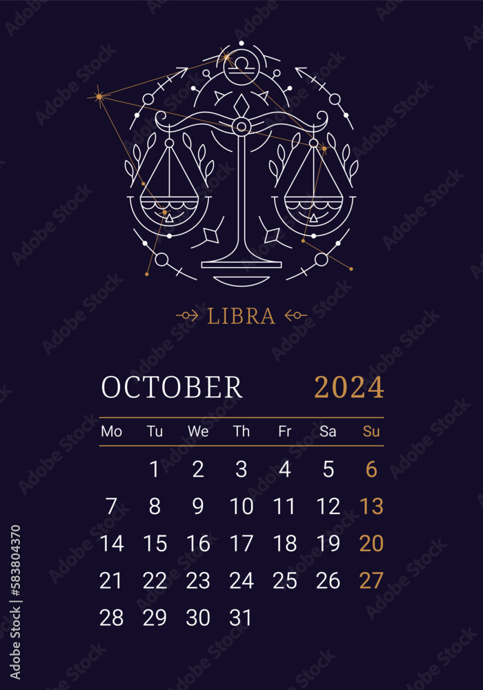 2024 Astrology wall monthly calendar with Libra, zodiac sign. October ...