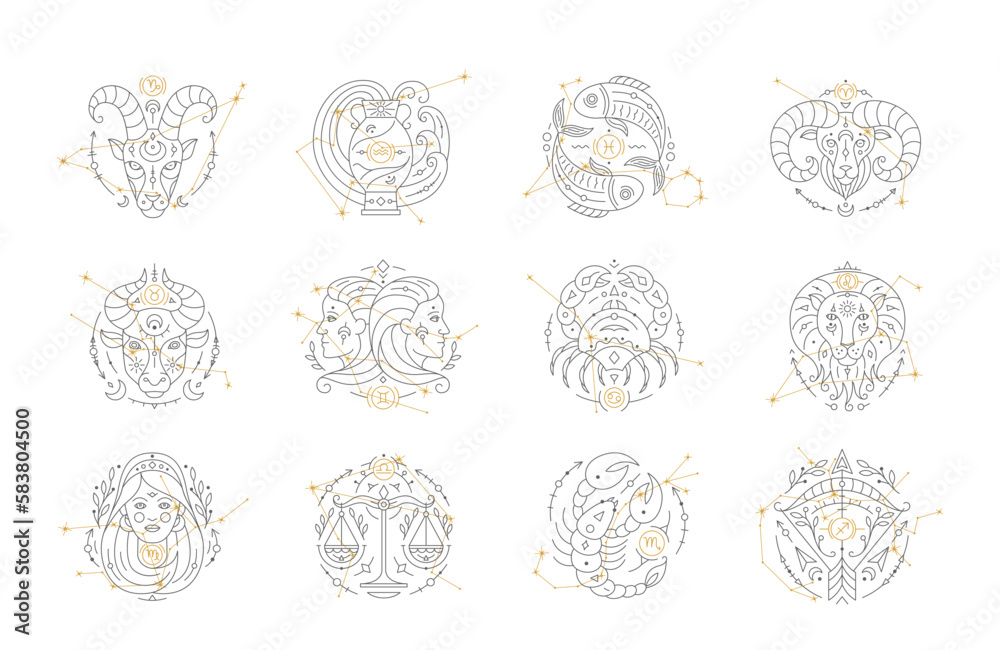 Set of twelve constellations with Zodiac symbols and constellations ...