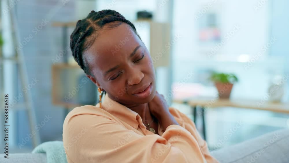 Black woman, neck pain and home with muscle, cramps and stress on sofa ...