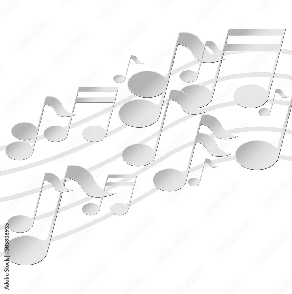 White and gray musical notes on a musical staff in the shape of a curve ...