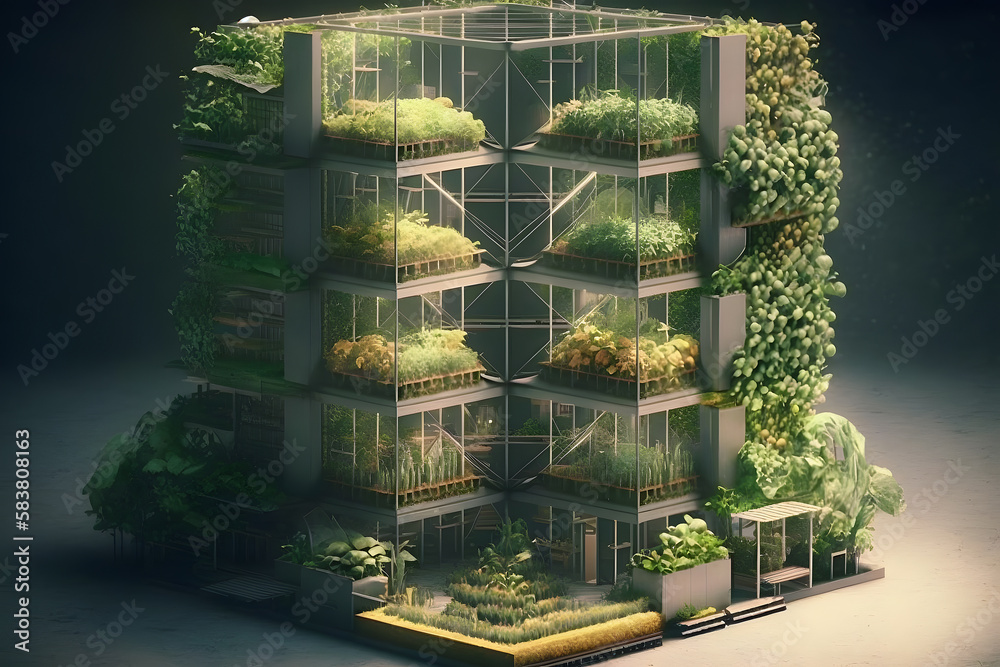 Vertical tower farms with multiple layers of crops and vegetation ...