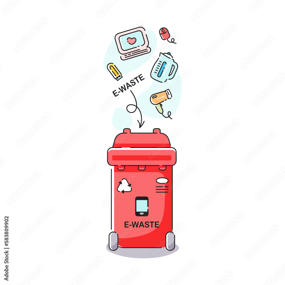 Waste bin for e-waste. Vector red dustbin for electronics recycling ...