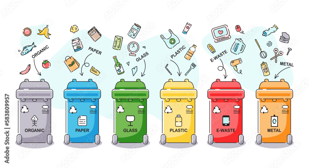 Set of different colored trash cans for organic, paper, glass, plastic ...