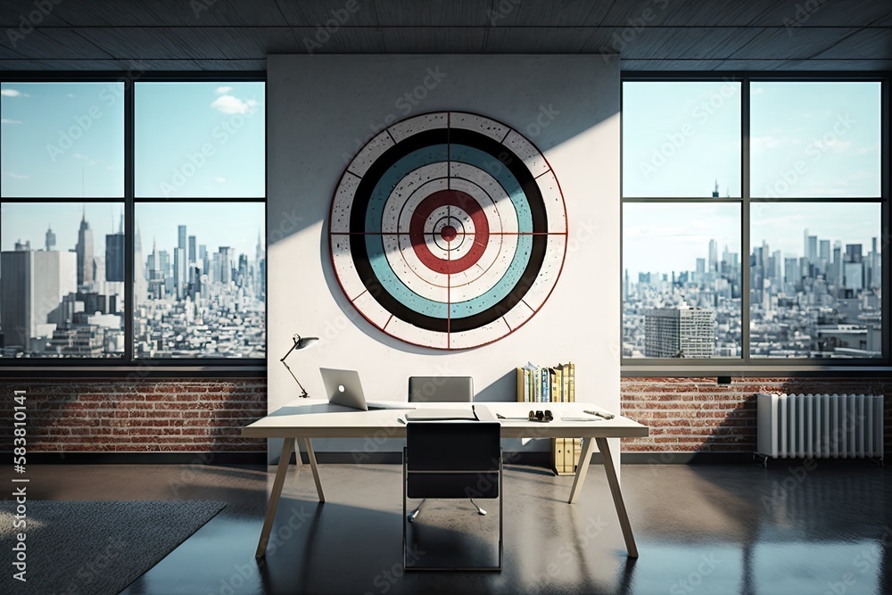 bullseye target on a wall in office, with view of the city skyline ...