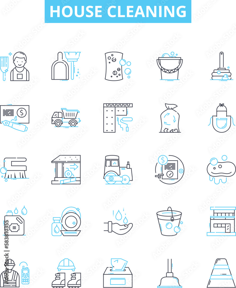House cleaning vector line icons set. Mop, Vacuum, Dust, Wipe, Sweep, Scrub, Disinfect ...