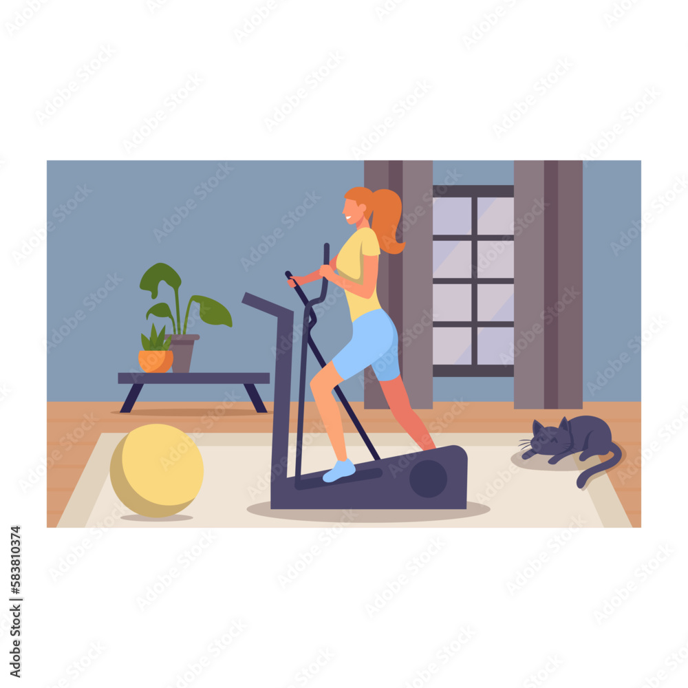 Cartoon character of slim woman training with sports equipment. Time ...
