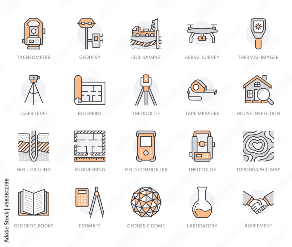 Geodesy flat line icons. Geodetic survey engineering equipment ...