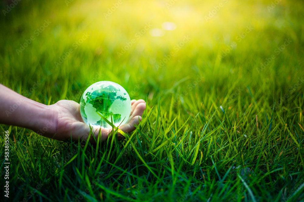 Hand holding glass Earth globe in green grass. Earth Day environment ...