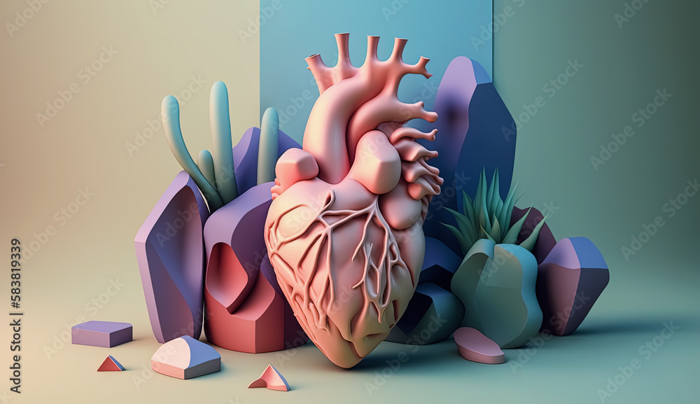 Anatomical illustration art model of the heart with blood and venous ...