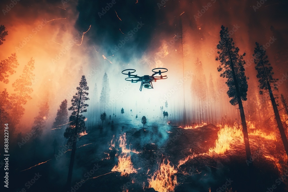A drone monitors the evolution of a forest fire from the sky. Ai ...