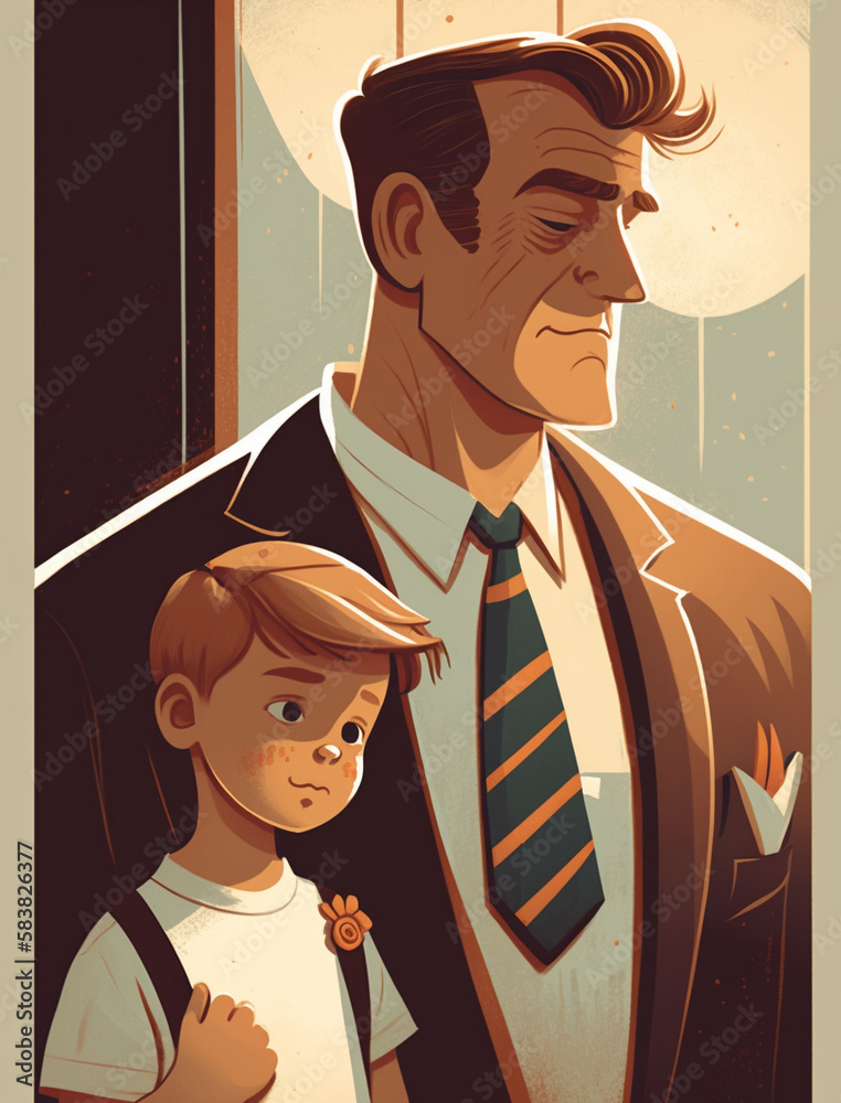 Flat cartoon dad businessman in a suit and son schoolboy illustration ...