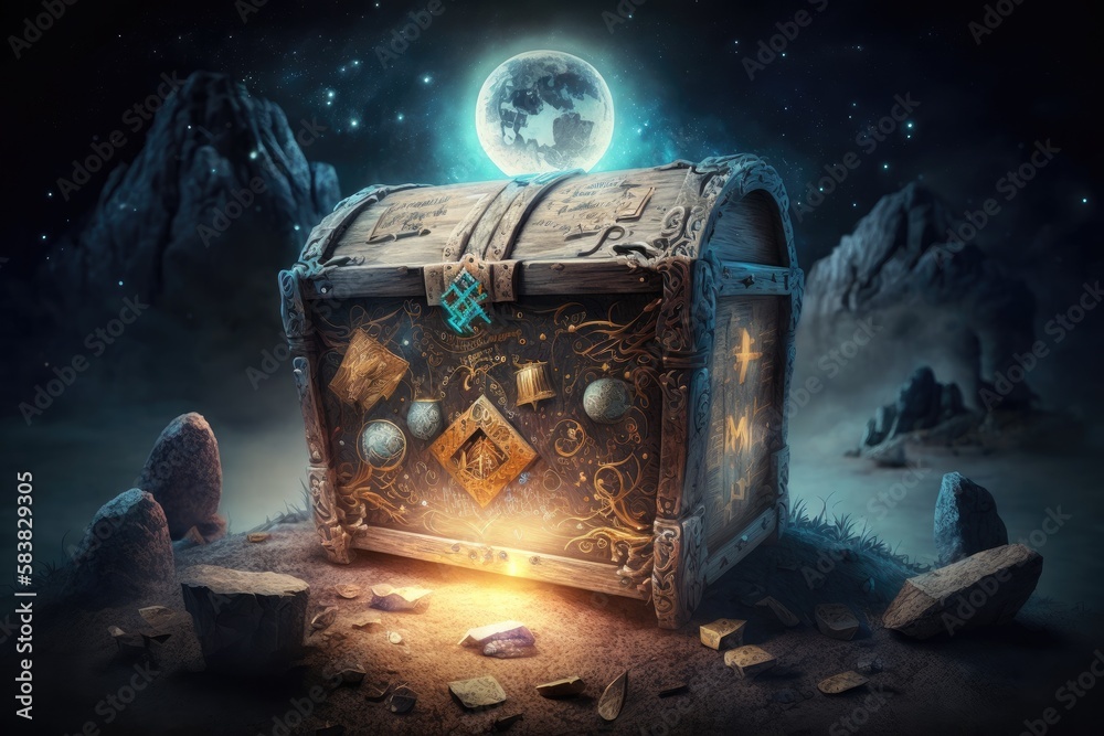 treasure chest on the moon decorated with magic signs and runes ...