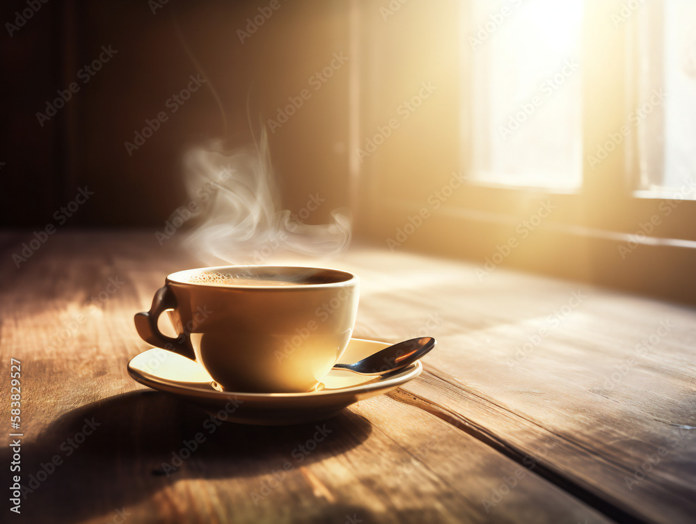 steaming coffee cup in morning light, cozy wooden table setting ...
