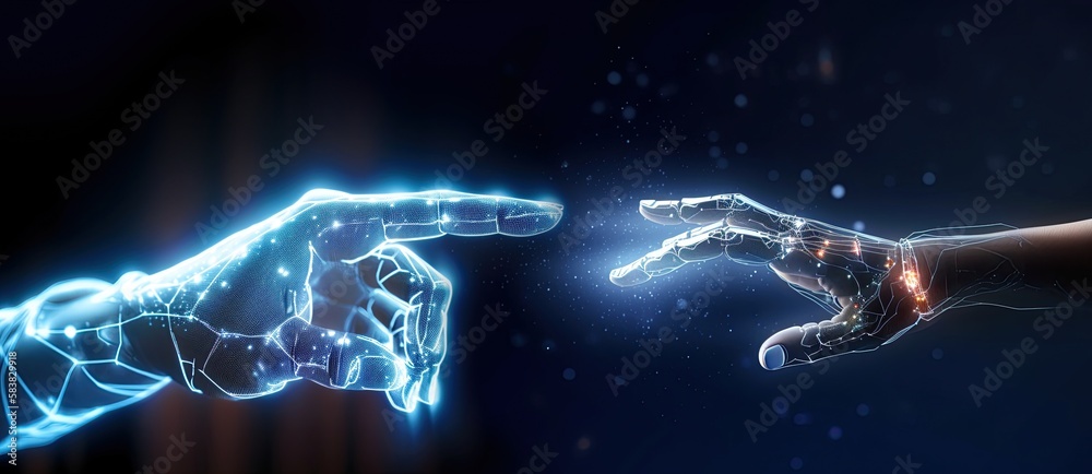 fusion of technology and humanity with a cyborg finger to touch a human ...