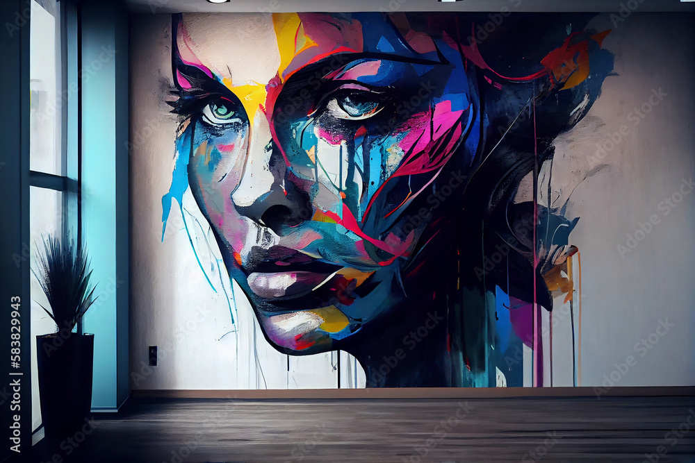 Stylish interior with beautiful woman's face on the wall. Vivid colors ...