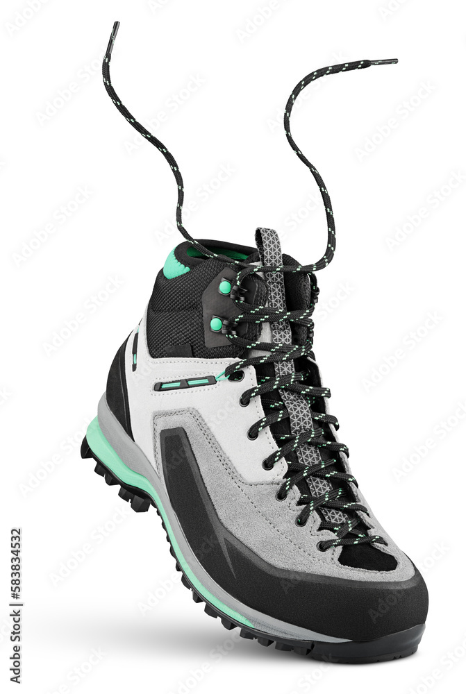 New sports hiking boot with flying laces stands on the tip isolated on ...