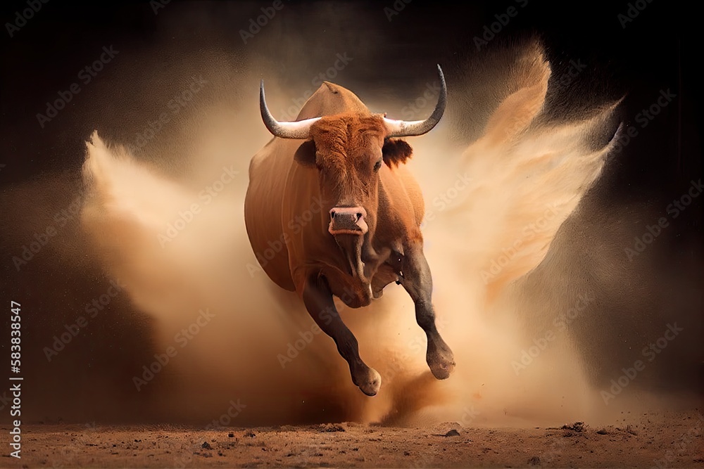 bull charging headfirst into fight, ready to take on any bear, created ...