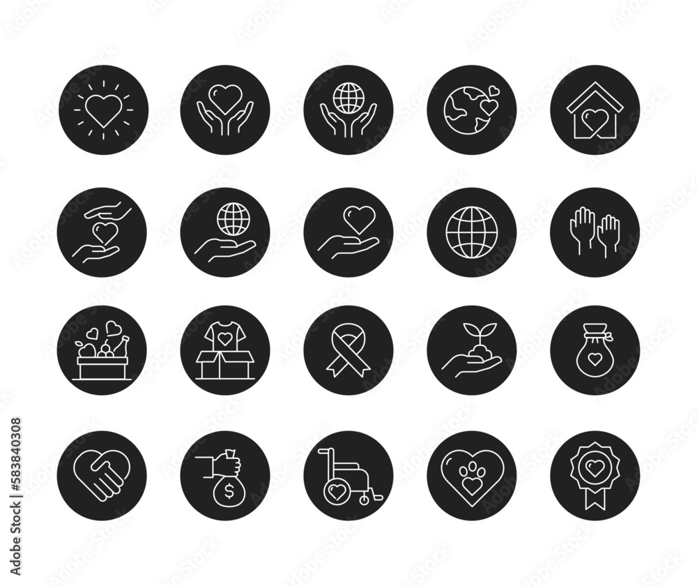 Charity icon set for fundraising campaigns. Social work icon pack for ...