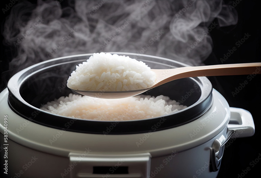 Cook hot jasmine rice in an electric rice cooker withrice ladle from ...