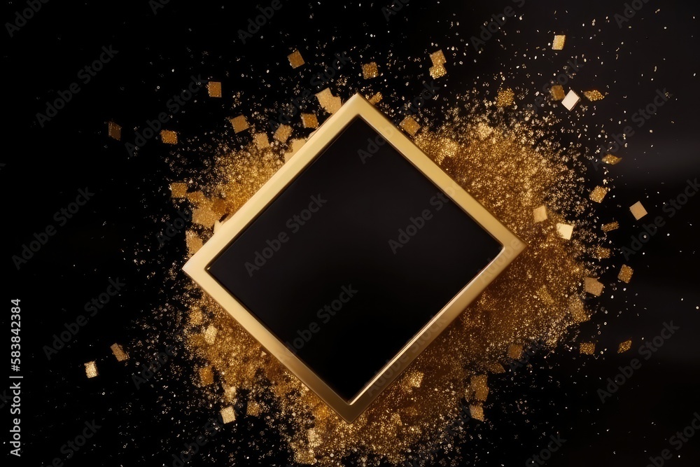 Gold frame with golden dust and particles on the black background with ...