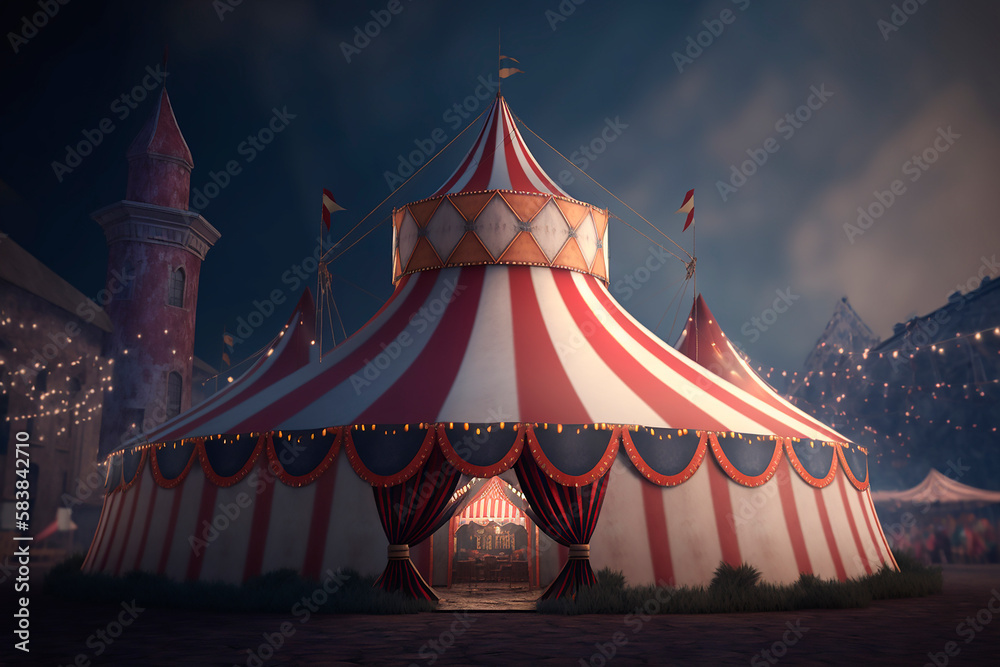 Circus Day, a festive red and white circus tent on the day of the festival against the backdrop ...
