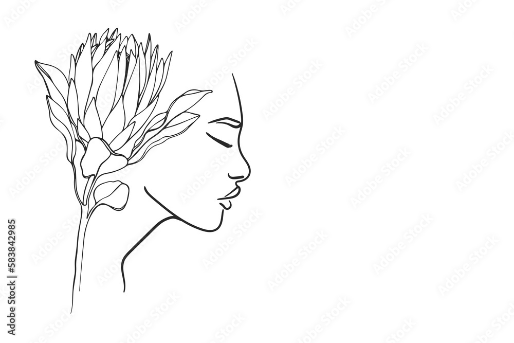 Line drawing of a woman face with protea flower on a white background ...